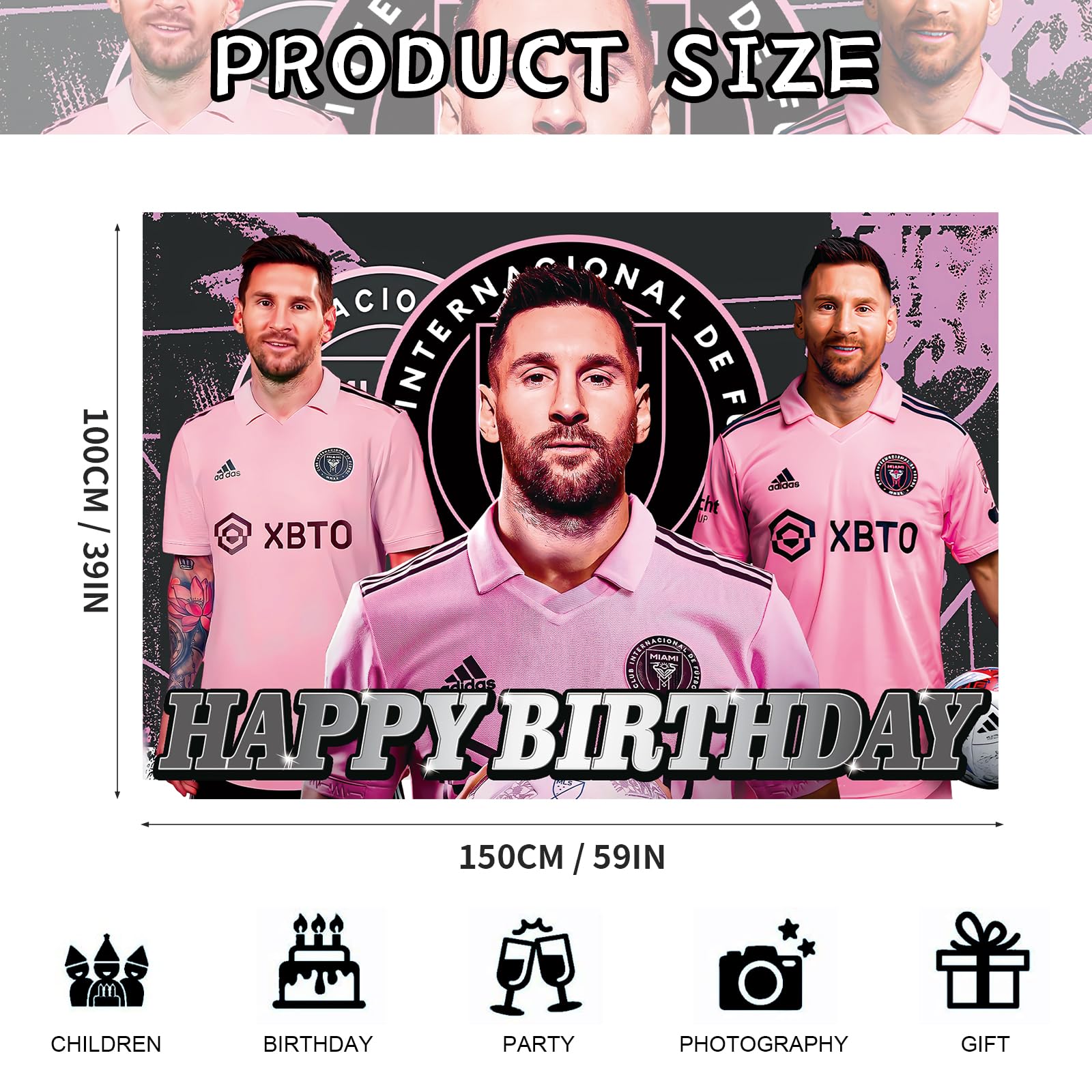 Soccer Star 𝓜𝓮𝓼𝓼𝓲 Birthday Party Supplies, Happy Birthday Backdrop for Miami CF Theme Party, 5 x 3 FT Soccer Birthday Banner for Girls Boys Fans Football Birthday Party Decorations