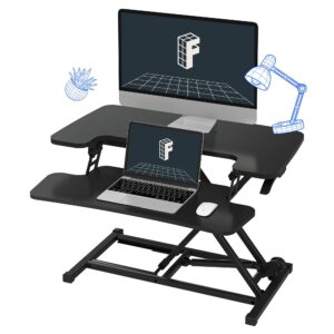 flexispot height adjustable 32in standing desk converter sit to stand up desk riser computer workstation with wide keyboard tray 2-tier desktop black (32'', black)