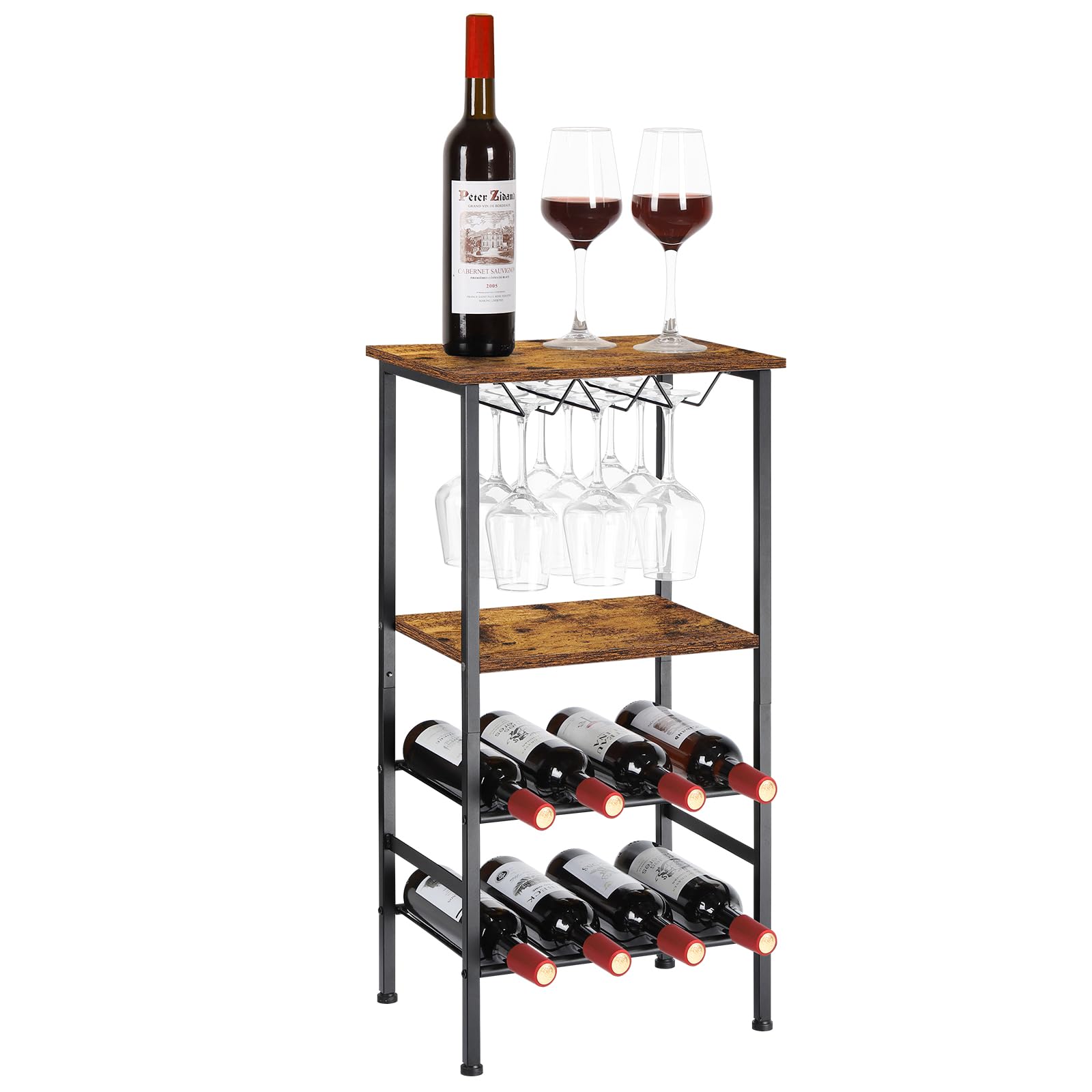 DOMYDEVM Wine Rack Table with Glass Holder Wine Rack Freestanding Floor Table with Wooden Brown Wine Rack Bar Industrial Wine Table for Living Room