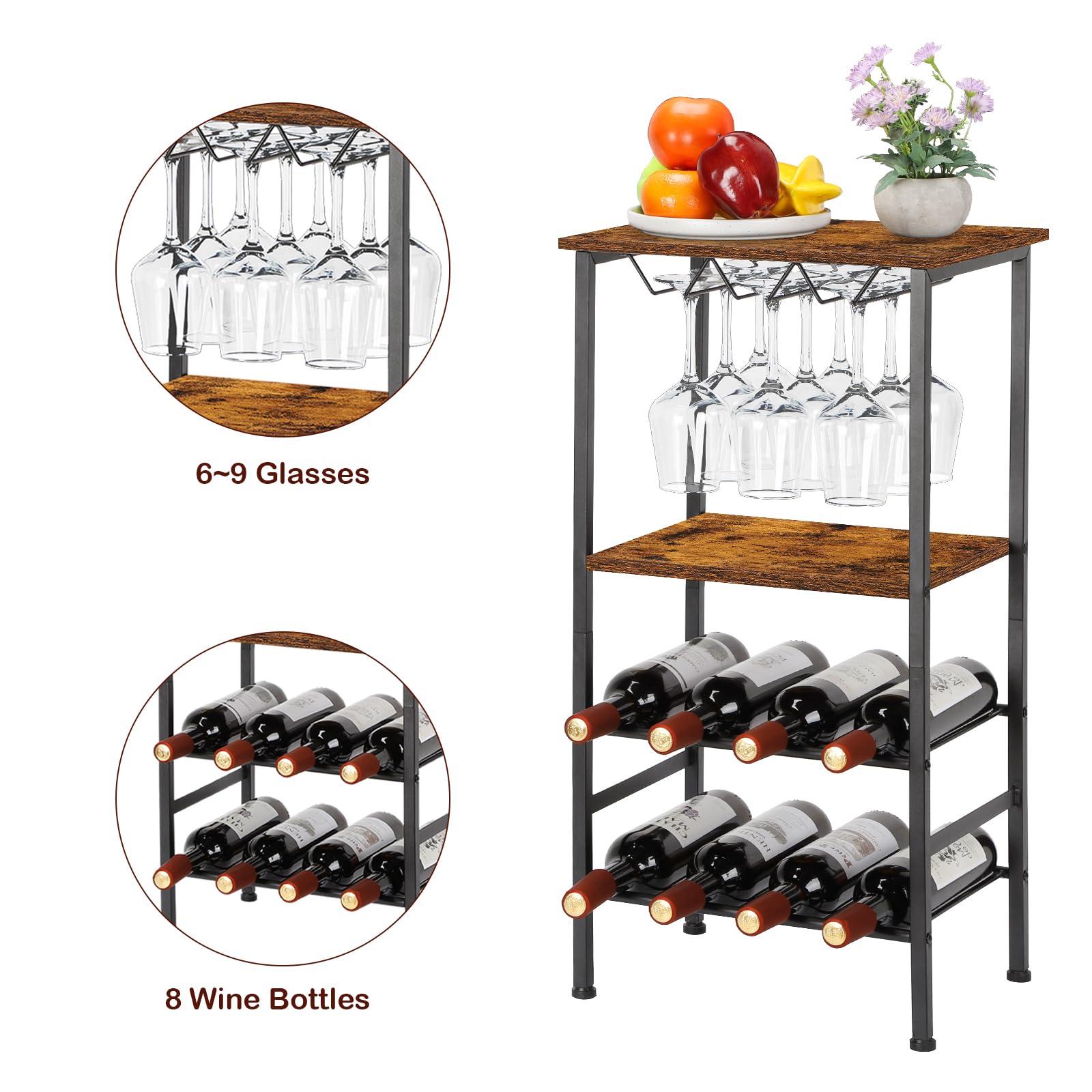 DOMYDEVM Wine Rack Table with Glass Holder Wine Rack Freestanding Floor Table with Wooden Brown Wine Rack Bar Industrial Wine Table for Living Room