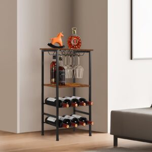 DOMYDEVM Wine Rack Table with Glass Holder Wine Rack Freestanding Floor Table with Wooden Brown Wine Rack Bar Industrial Wine Table for Living Room