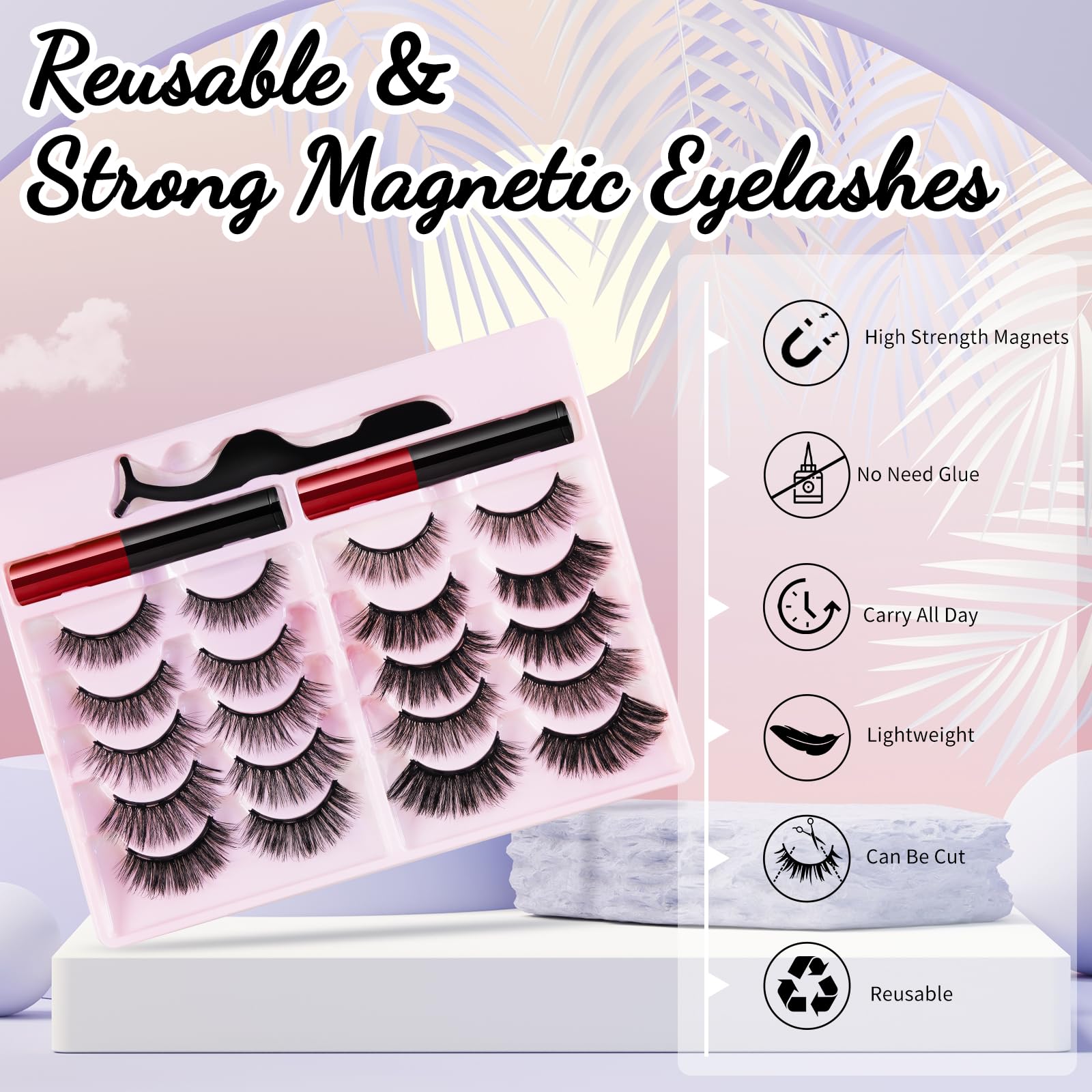 Magnetic Eyelashes with Magnetic Eyeliner Kit, Reusable Magnetic Lashes, 3D Natural Look False Eyelashes with Eyeliner and Tweezers, No Glue(10 Pairs) (Curl -4D)