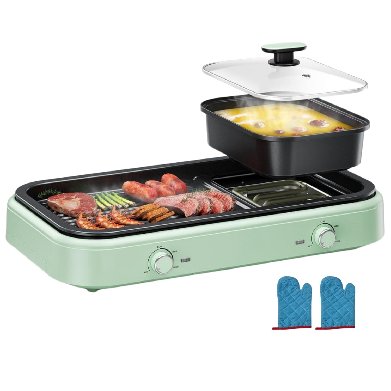 SEAAN Hot Pot Electric with Grill, Hotpot Pot Electric with Korean BBQ Grill Portable Removable Shabu Shabu Pot W/Non-Stick Pan, Temperature Control, for Indoor Outdoor Camping, Aluminum, 120V