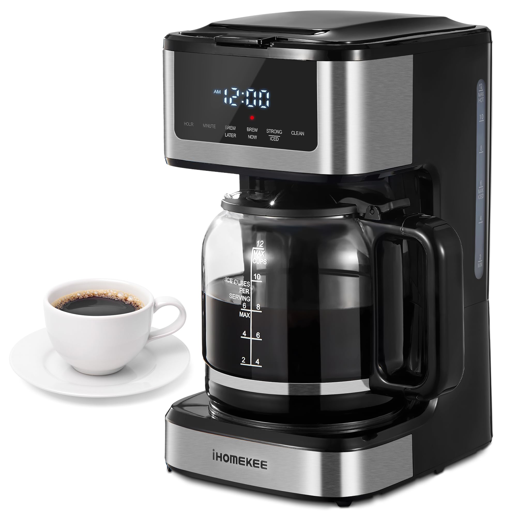 Ihomekee Programmable Coffee Maker, 12 Cup Drip Coffee Machine with Iced Coffee Function, Regular & Strong Brew, Compact Coffee Machines for Home and Office, Silver and Black, (CM9428C)