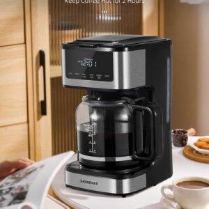 Ihomekee Programmable Coffee Maker, 12 Cup Drip Coffee Machine with Iced Coffee Function, Regular & Strong Brew, Compact Coffee Machines for Home and Office, Silver and Black, (CM9428C)