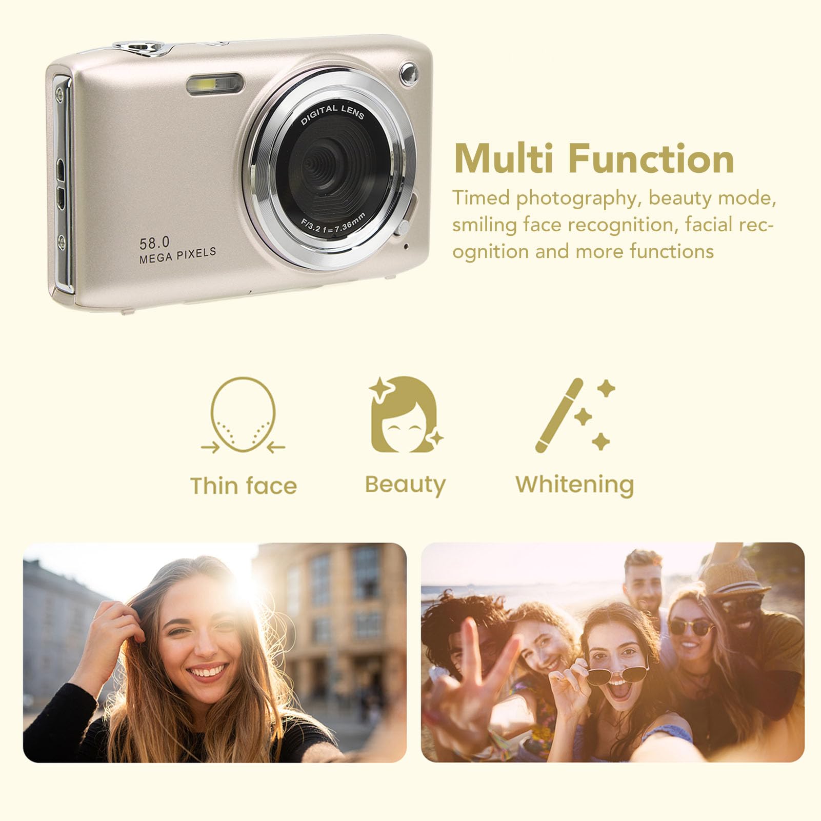 Digital Camera for Kids, 4K 1080P Digital Camera Video Camera 16X Digital Zoom, Compact Point and Shoot Camera Portable Small Camera for Teens Students Seniors, Gifts (Gold)