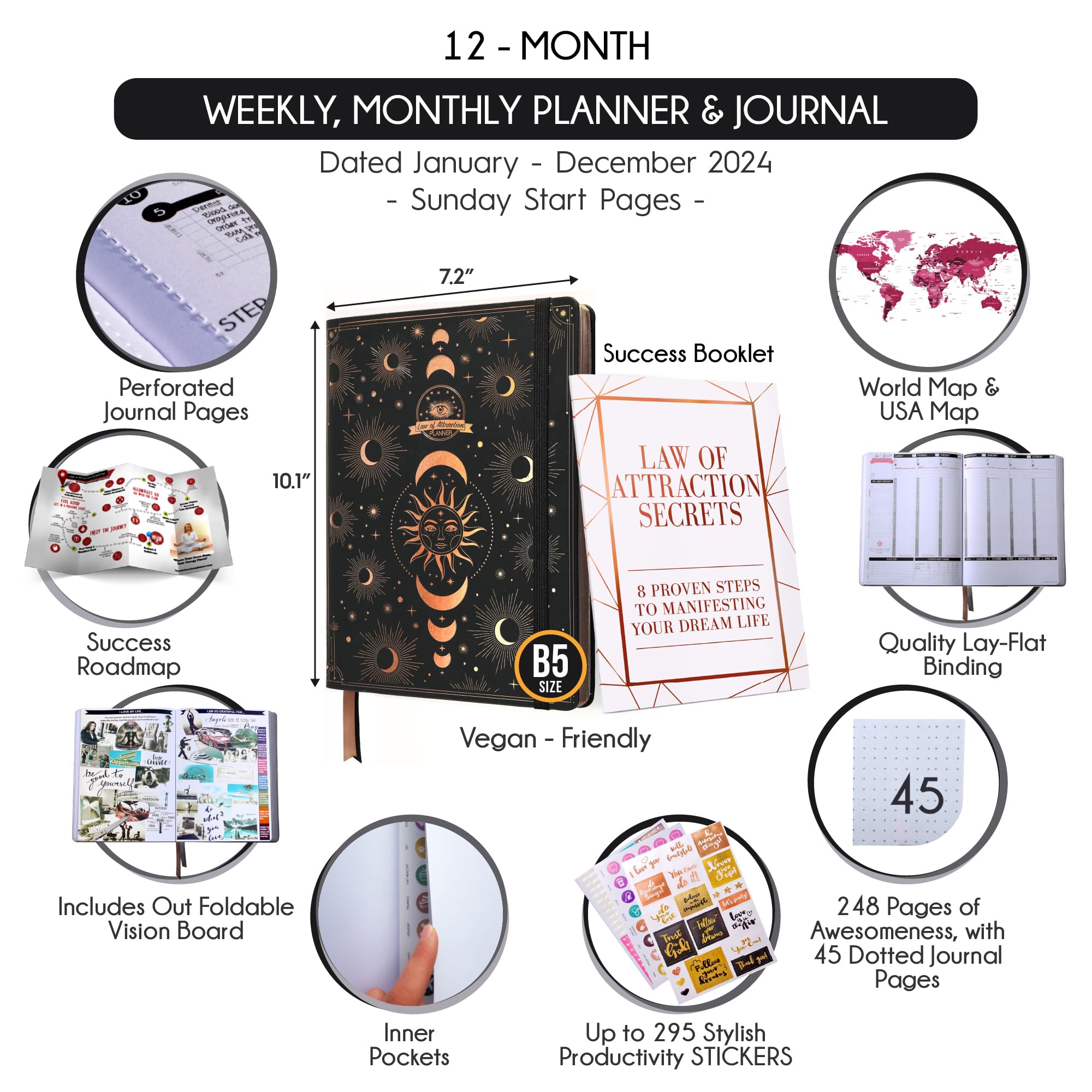 Law of Attraction Planner 2024-2024 Planner Weekly and Monthly, Hourly Planner, Daily Planner, Daily Gratitude Journal, Positive Habit Maker, Vision Board, Planner Stickers & Gift Box