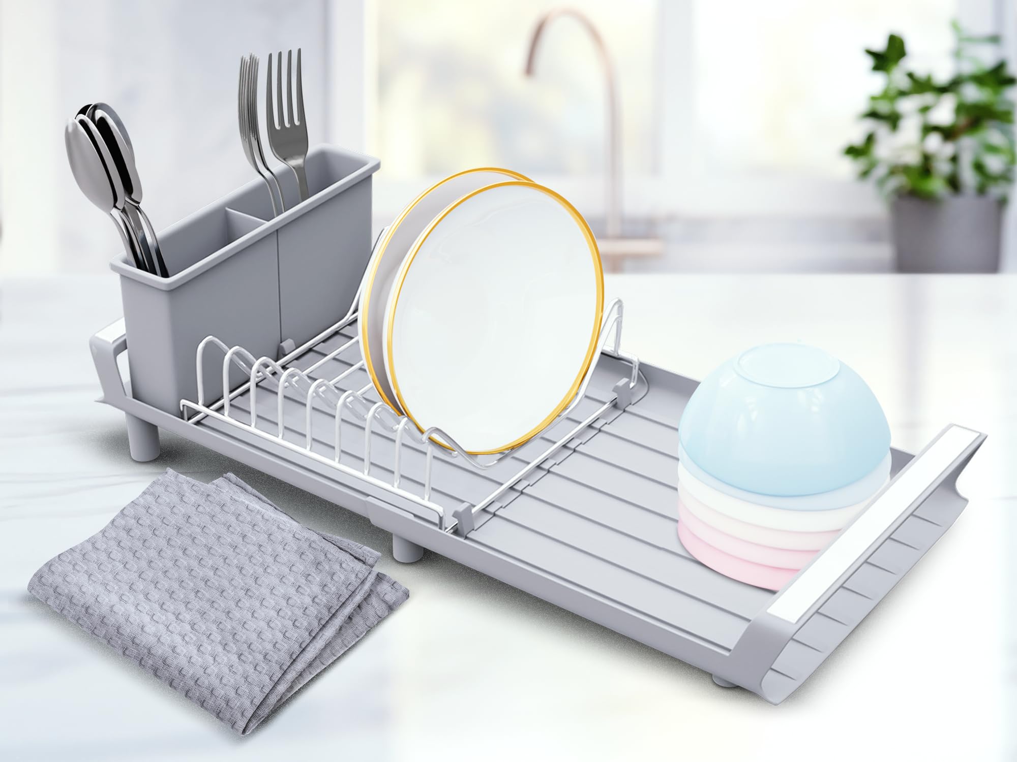 Isabel Lily Dish Drying Rack - Space-Saving Kitchen Organizer with Drainboard & Detachable Utensil Holder - Rust-Proof Stainless Dish Washer Dryer Rack