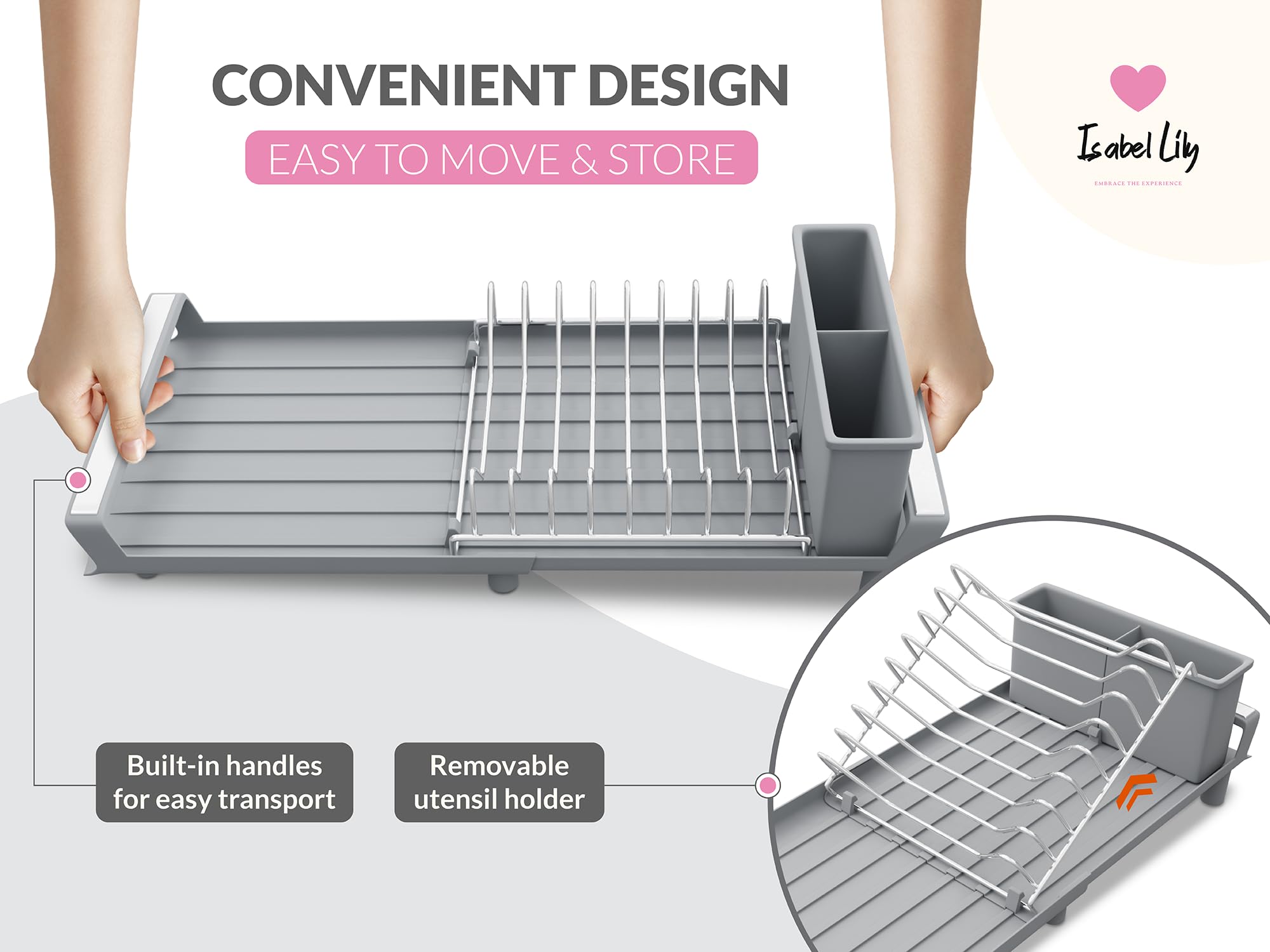 Isabel Lily Dish Drying Rack - Space-Saving Kitchen Organizer with Drainboard & Detachable Utensil Holder - Rust-Proof Stainless Dish Washer Dryer Rack