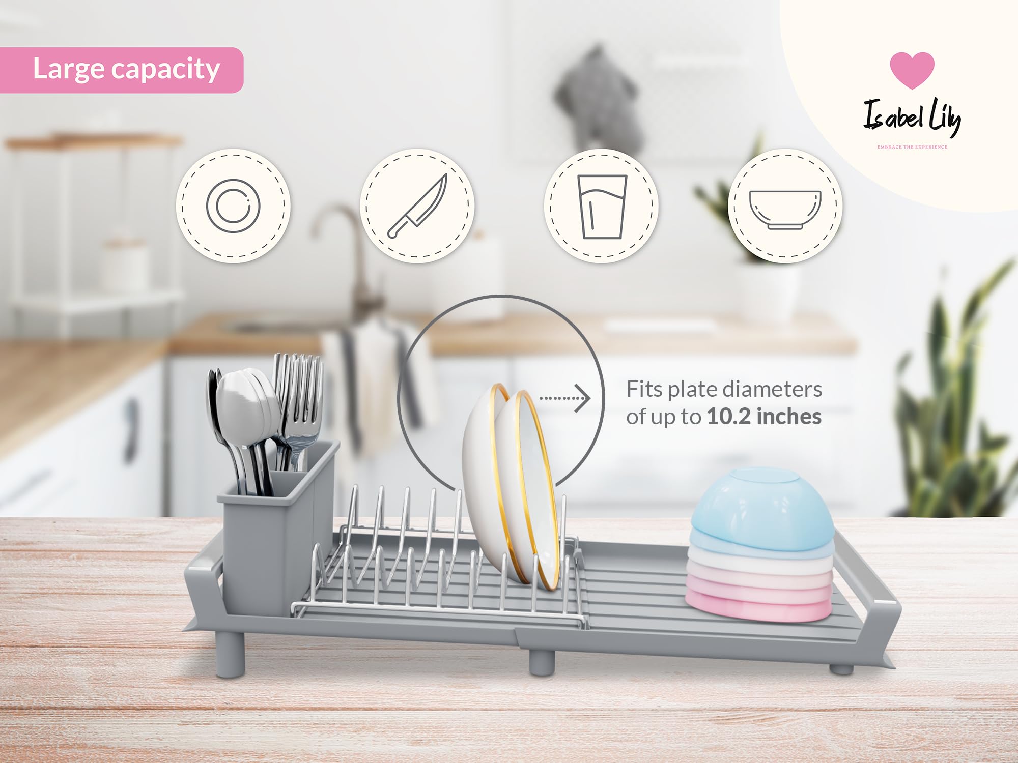 Isabel Lily Dish Drying Rack - Space-Saving Kitchen Organizer with Drainboard & Detachable Utensil Holder - Rust-Proof Stainless Dish Washer Dryer Rack