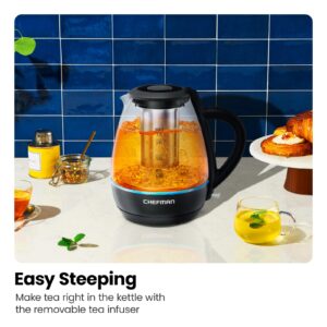 Chefman Electric Kettle with Tea Infuser, 1.7L 1500W, Removable Lid for Easy Cleaning, Boil-Dry Protection, Stainless Steel Filter, BPA Free, Auto Shut Off Hot Water Boiler, Glass Electric Tea Kettle