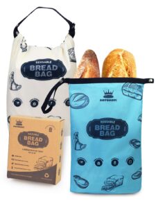 royoroyi bread bags for homemade bread,2 packs reusable bread bag,freezer bread storage bag,waterproof zipper bread container to keep bread fresh gift giving (beige， jewel blue)