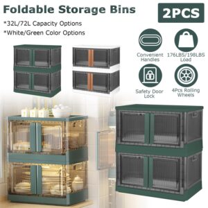 NewHome 2Pcs 32L Foldable Storage Bins with Lid Collapsible Stackable Closet Organizer Containers with Front Door Lock 4Pcs Wheels (30 CM, Green)