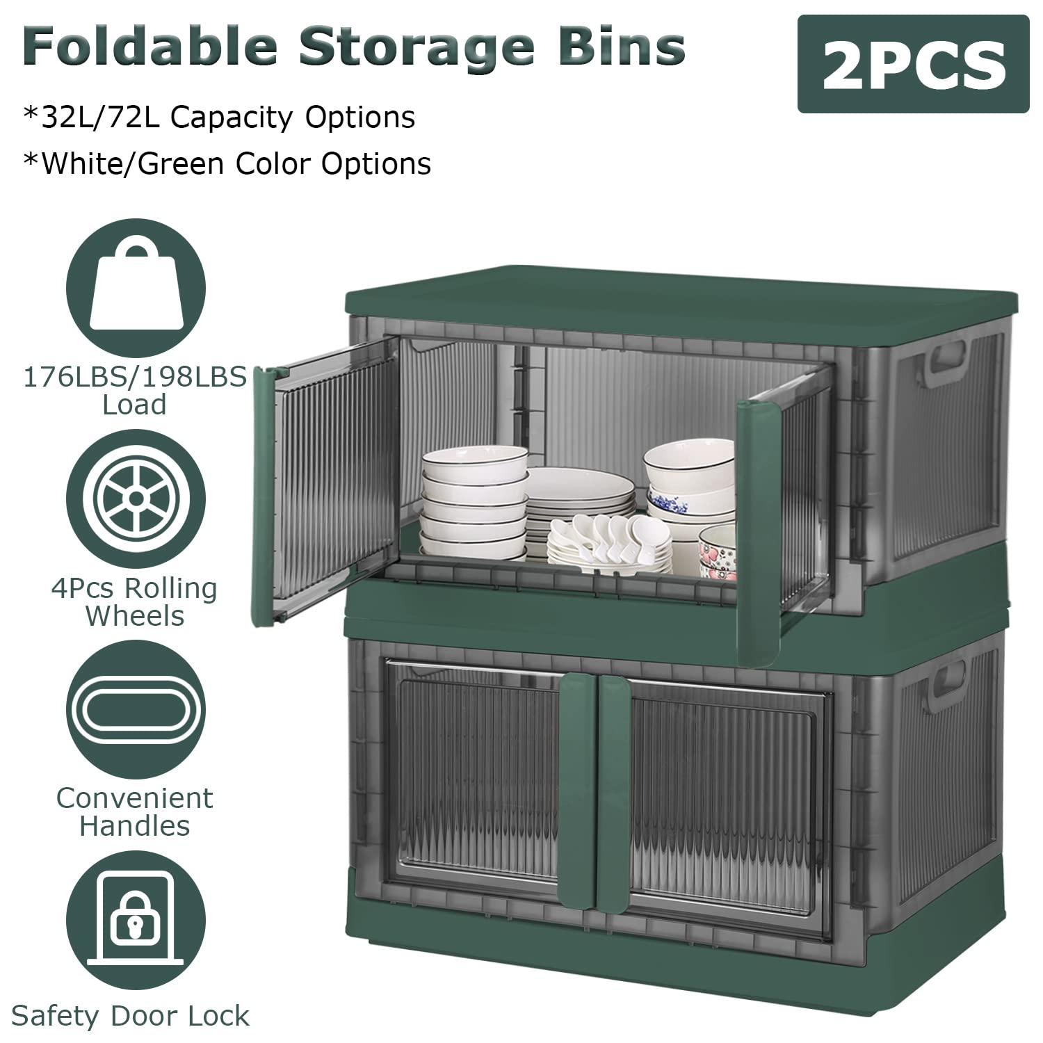 NewHome 2Pcs 32L Foldable Storage Bins with Lid Collapsible Stackable Closet Organizer Containers with Front Door Lock 4Pcs Wheels (30 CM, Green)