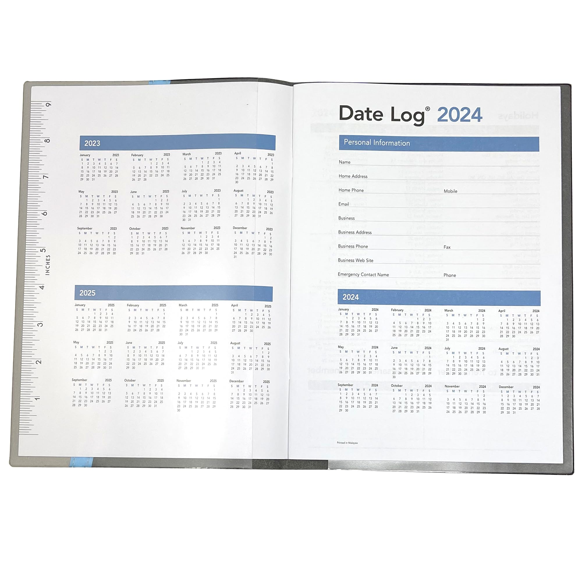 2024 Monthly Calendar Planner Organizer Date Log | 14 Month-at-a-Glance 10 X 7 Grey Sleek Denim Cover Blue Strip - Appointment Agenda Goals Accountability Meetings Book to Do List Time Management