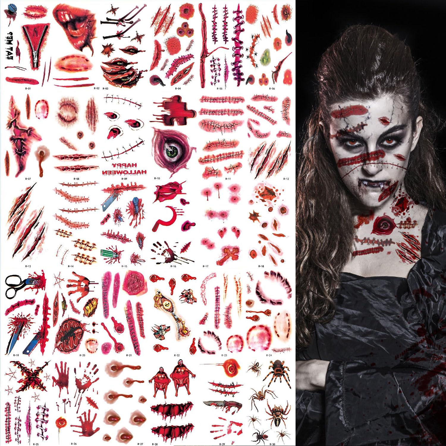 30 Sheets 3D Fake Scars Zombie Makeup Sticker Fake Cuts Fake Wounds Scar tattoos Temporary Realistic Halloween Prank Makeup Halloween Face Tattoos for Adults Kids simulation Waterproof Tattoo Sticker