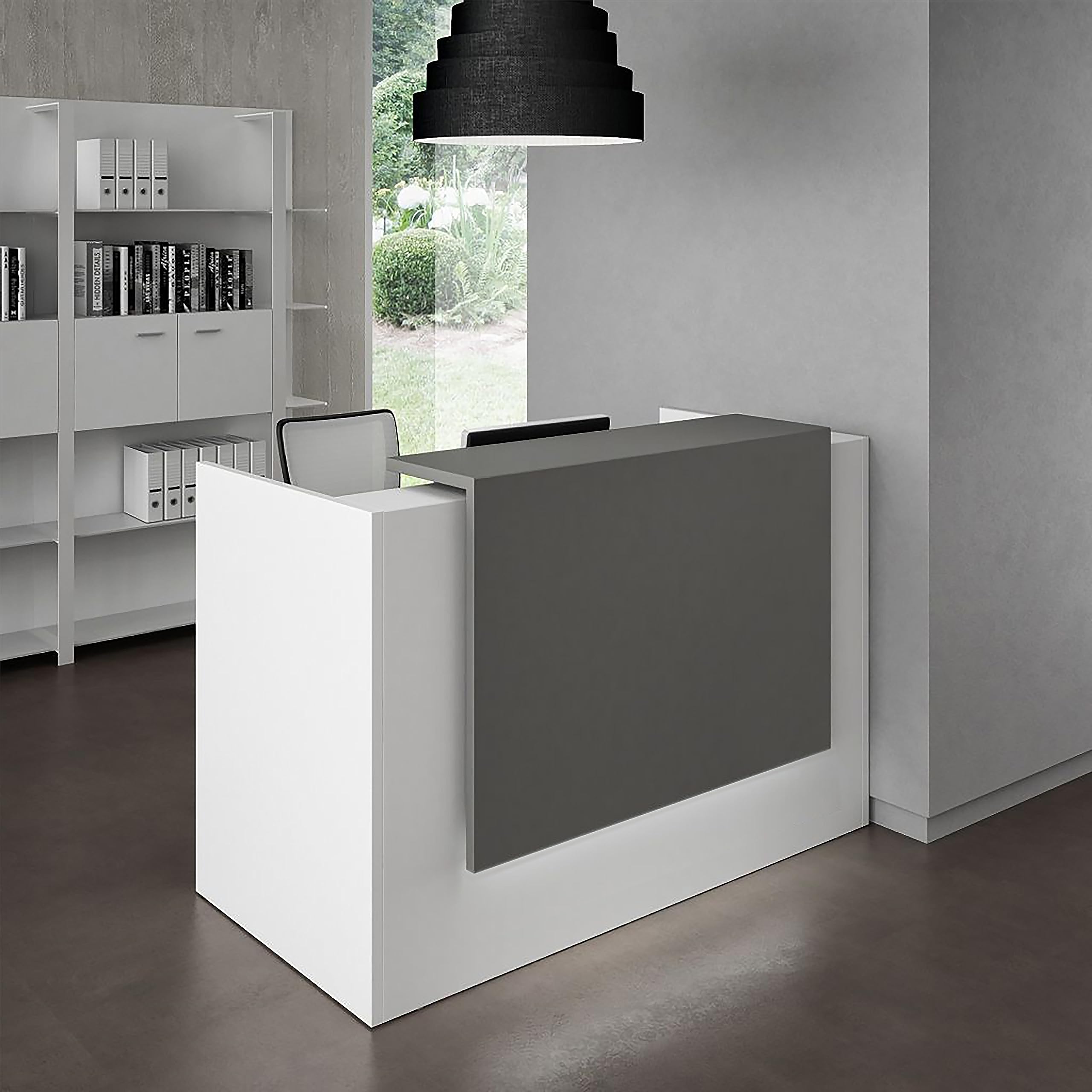 UGOS ICN 53" Modern Reception Desk, Multifunctional Modern Transaction Counter Top, Laminate Desktop, Standing Front Table for Office, Home, School, Salon, Spa - White & Anthracite Gray