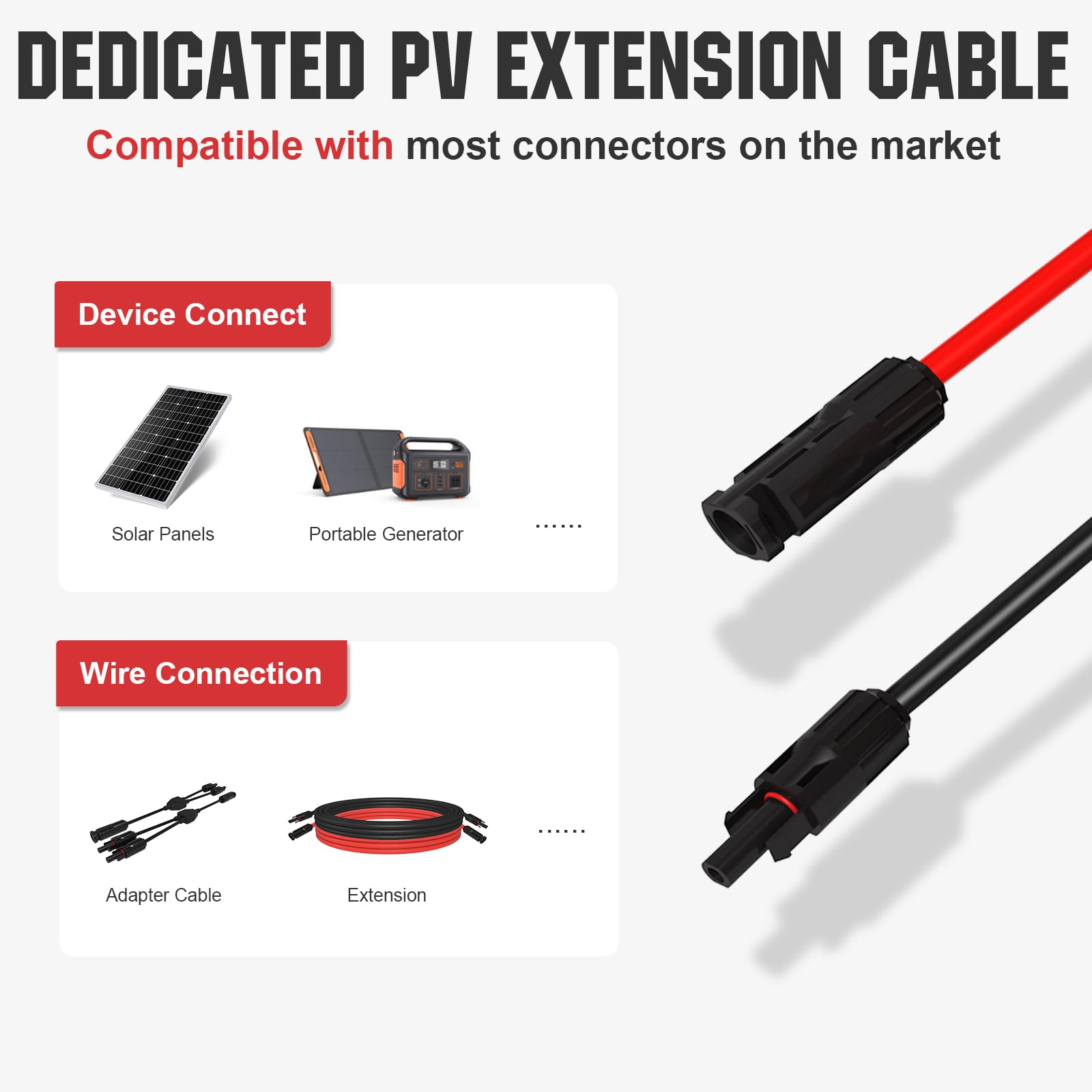 ECO-WORTHY 20FT 10AWG Solar Panel Extension Cable with Female and Male Connector for Solar Panels, Solar Controllers (20FT Red + 20FT Black)