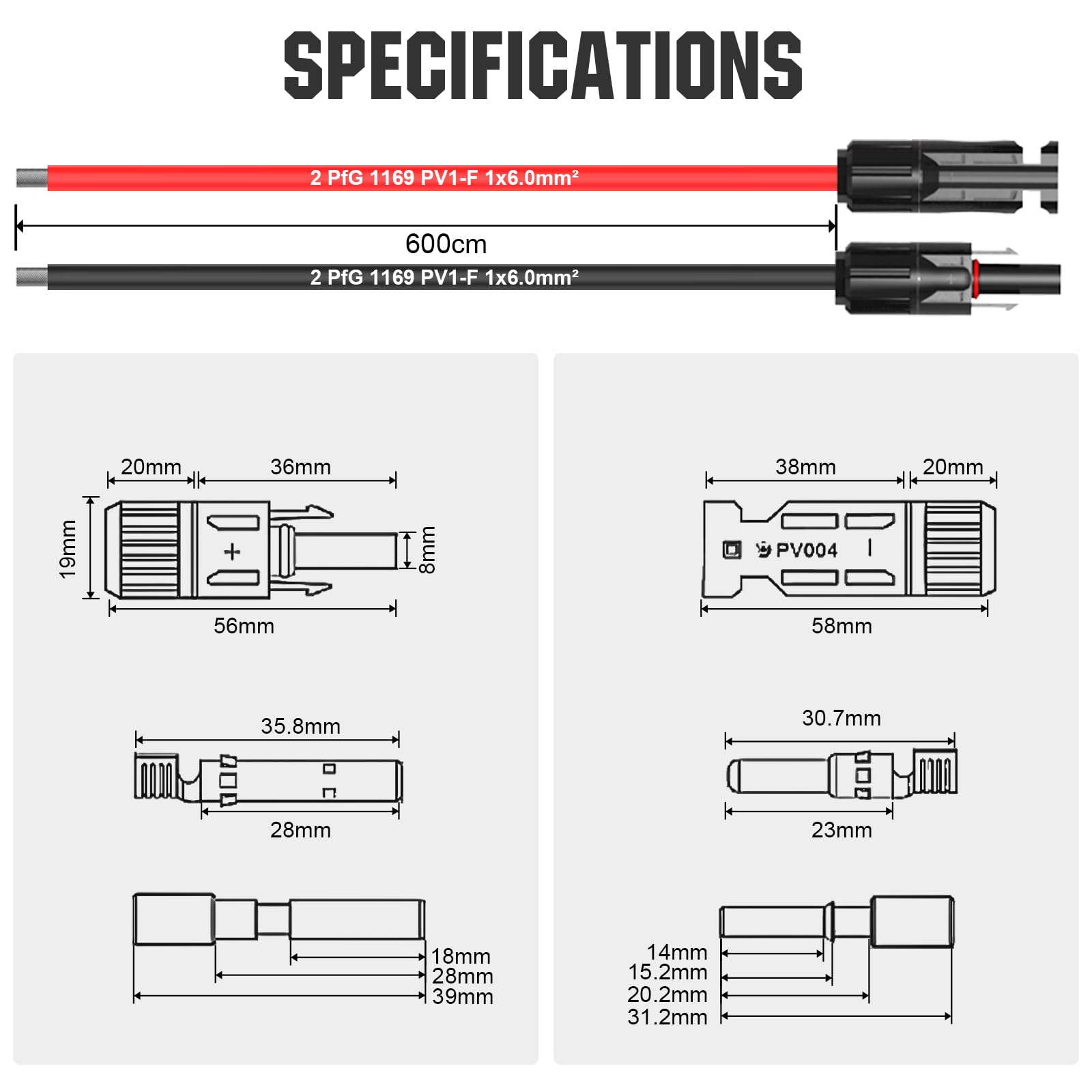 ECO-WORTHY 20FT 10AWG Solar Panel Extension Cable with Female and Male Connector for Solar Panels, Solar Controllers (20FT Red + 20FT Black)