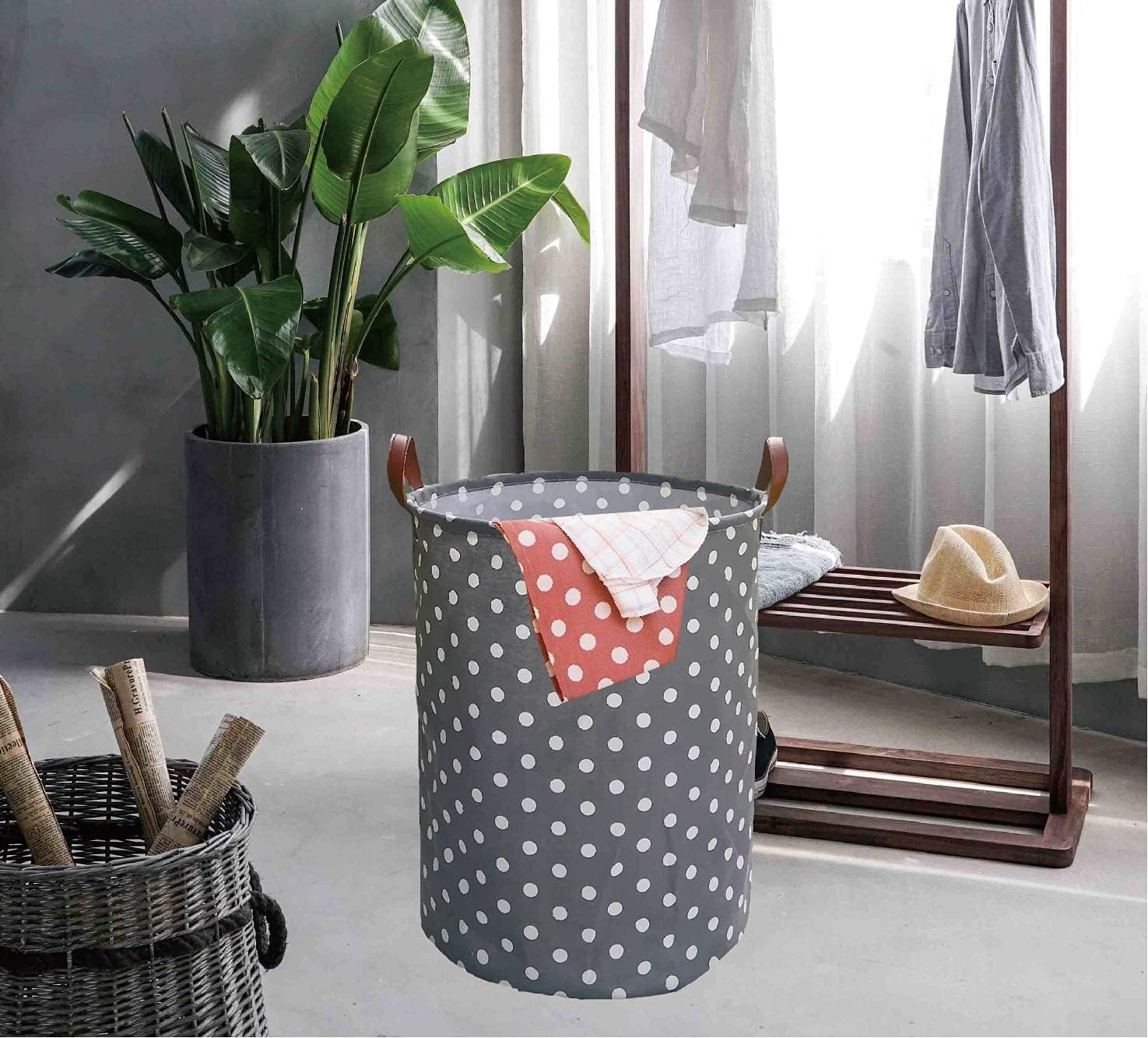 SANTIGHU Large Laundry Basket, Waterproof Laundry Hamper, Collapsible Canvas Basket for Kids Room,Toy Organizer, Home Decor, Nursery Hamper (Black Dot)