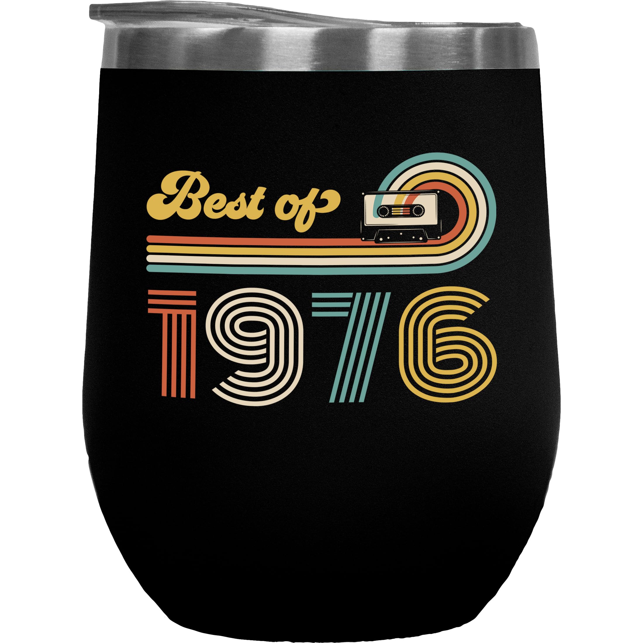 Make Your Mark Design Vintage Best of 1976 feat. Cassette Tape Wine Tumbler - 12oz Wine Tumbler Black