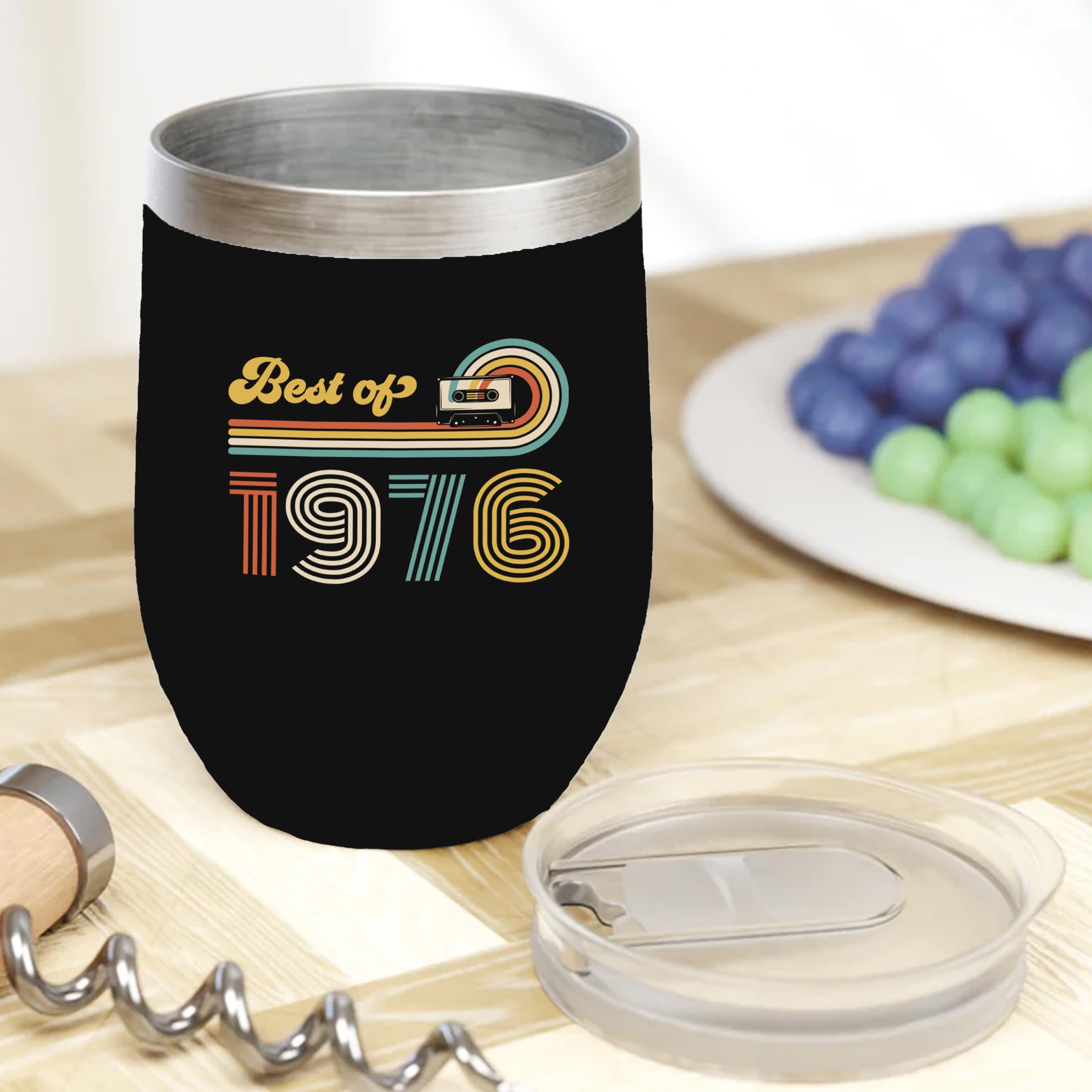 Make Your Mark Design Vintage Best of 1976 feat. Cassette Tape Wine Tumbler - 12oz Wine Tumbler Black