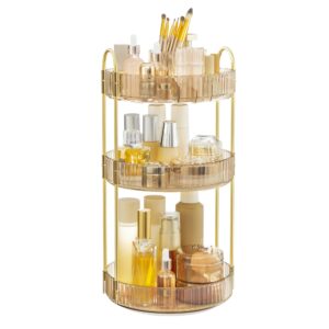 songmics makeup organizer, 3-tier round rotating skincare organizer countertop, customizable, toiletries vanity organizer, lazy susan, gift, champagne gold ujka011a01