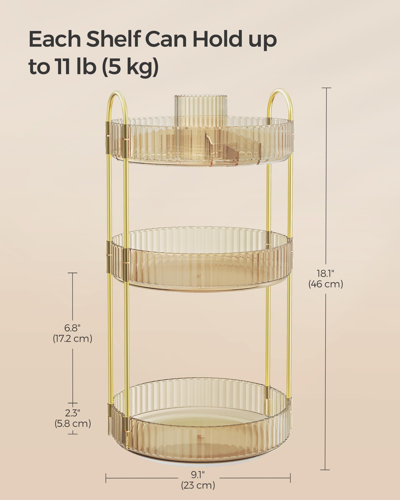 SONGMICS Makeup Organizer, 3-Tier Round Rotating Skincare Organizer Countertop, Customizable, Toiletries Vanity Organizer, Lazy Susan, Gift, Champagne Gold UJKA011A01