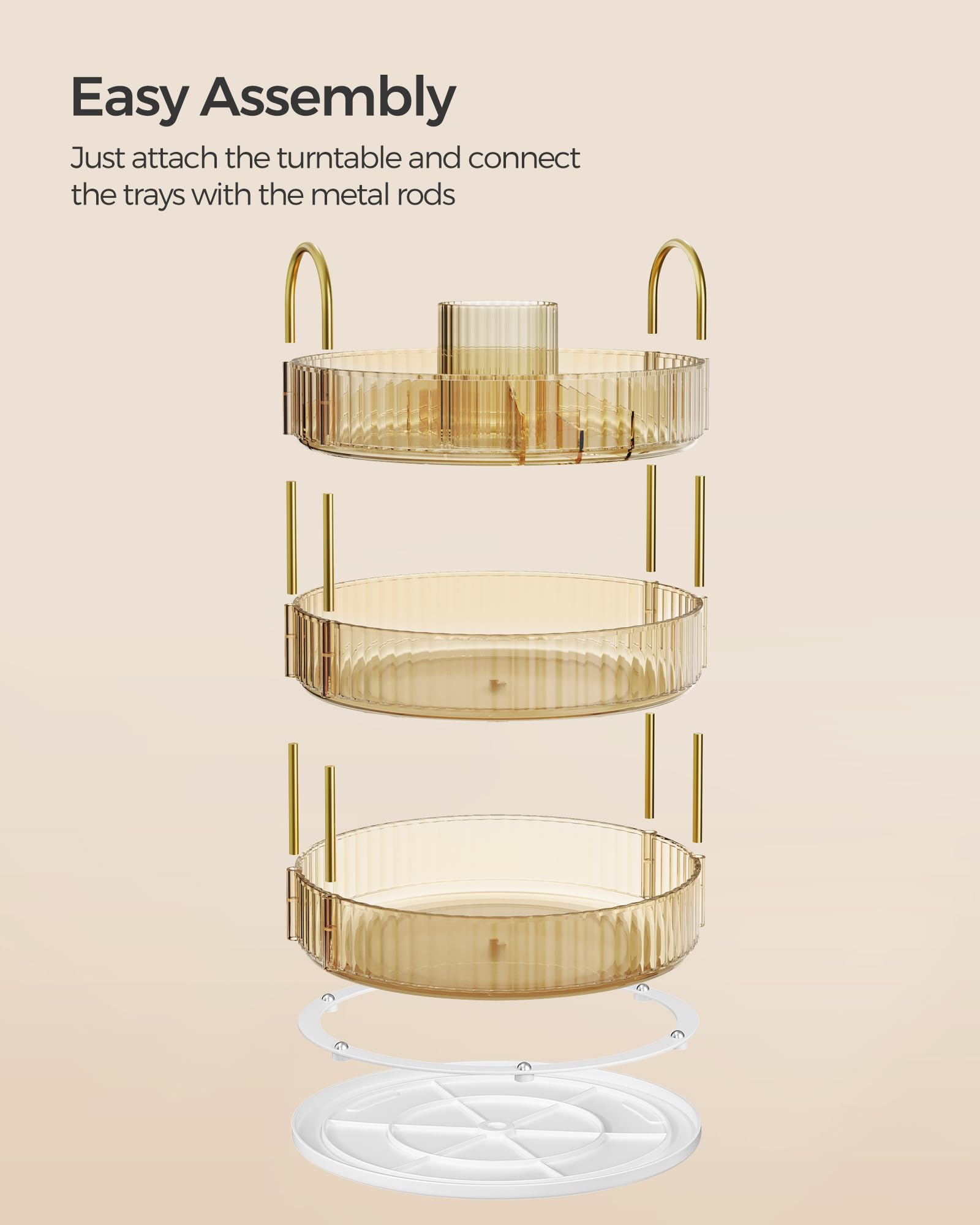 SONGMICS Makeup Organizer, 3-Tier Round Rotating Skincare Organizer Countertop, Customizable, Toiletries Vanity Organizer, Lazy Susan, Gift, Champagne Gold UJKA011A01