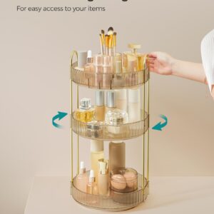 SONGMICS Makeup Organizer, 3-Tier Round Rotating Skincare Organizer Countertop, Customizable, Toiletries Vanity Organizer, Lazy Susan, Gift, Champagne Gold UJKA011A01