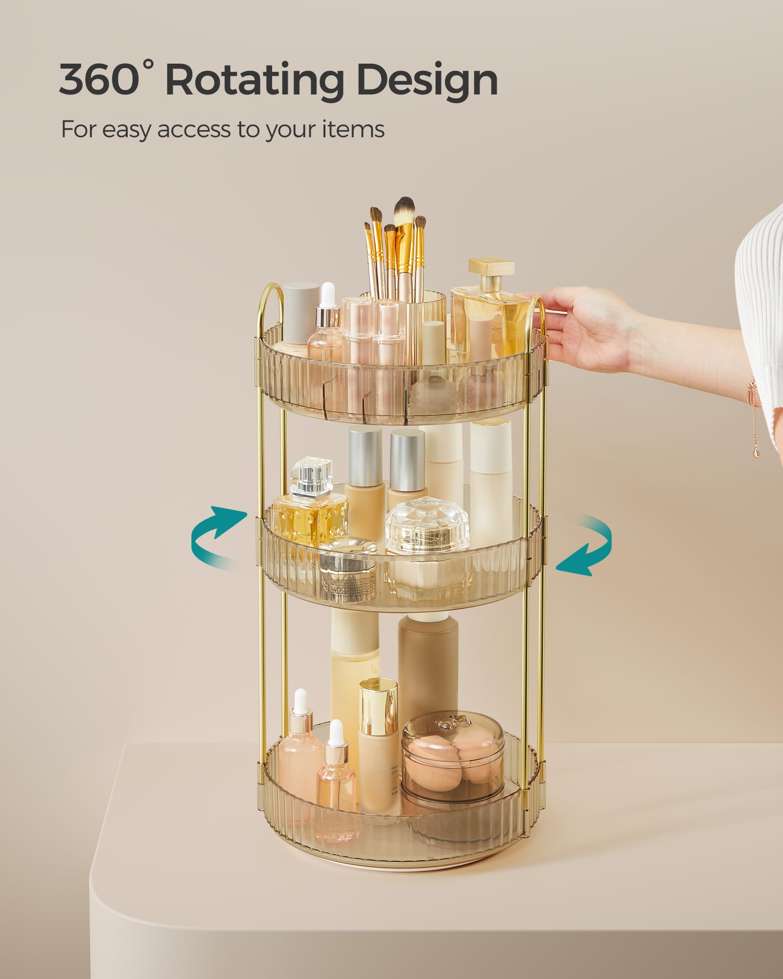 SONGMICS Makeup Organizer, 3-Tier Round Rotating Skincare Organizer Countertop, Customizable, Toiletries Vanity Organizer, Lazy Susan, Gift, Champagne Gold UJKA011A01