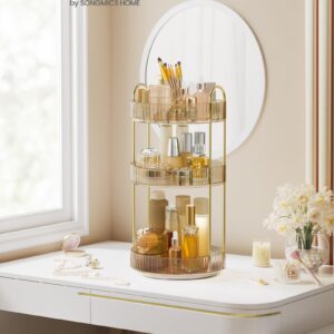 SONGMICS Makeup Organizer, 3-Tier Round Rotating Skincare Organizer Countertop, Customizable, Toiletries Vanity Organizer, Lazy Susan, Gift, Champagne Gold UJKA011A01