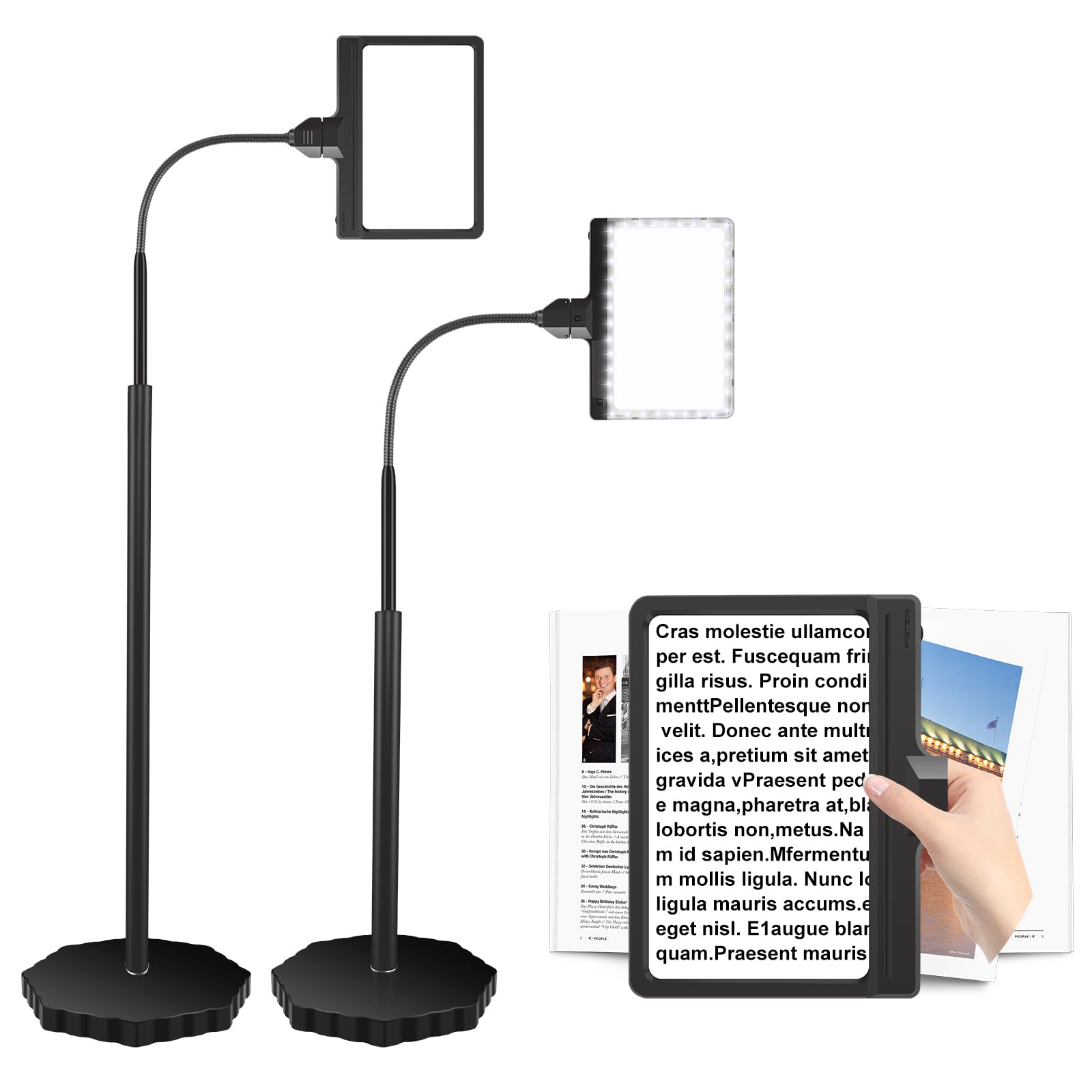 JUOIFIP 5X Magnifying Glass with Light and Stand, Adjustable Brightness Magnifying Floor Lamp, Gooseneck Arm Lighted Magnifier for Reading, Crafts and Close Work