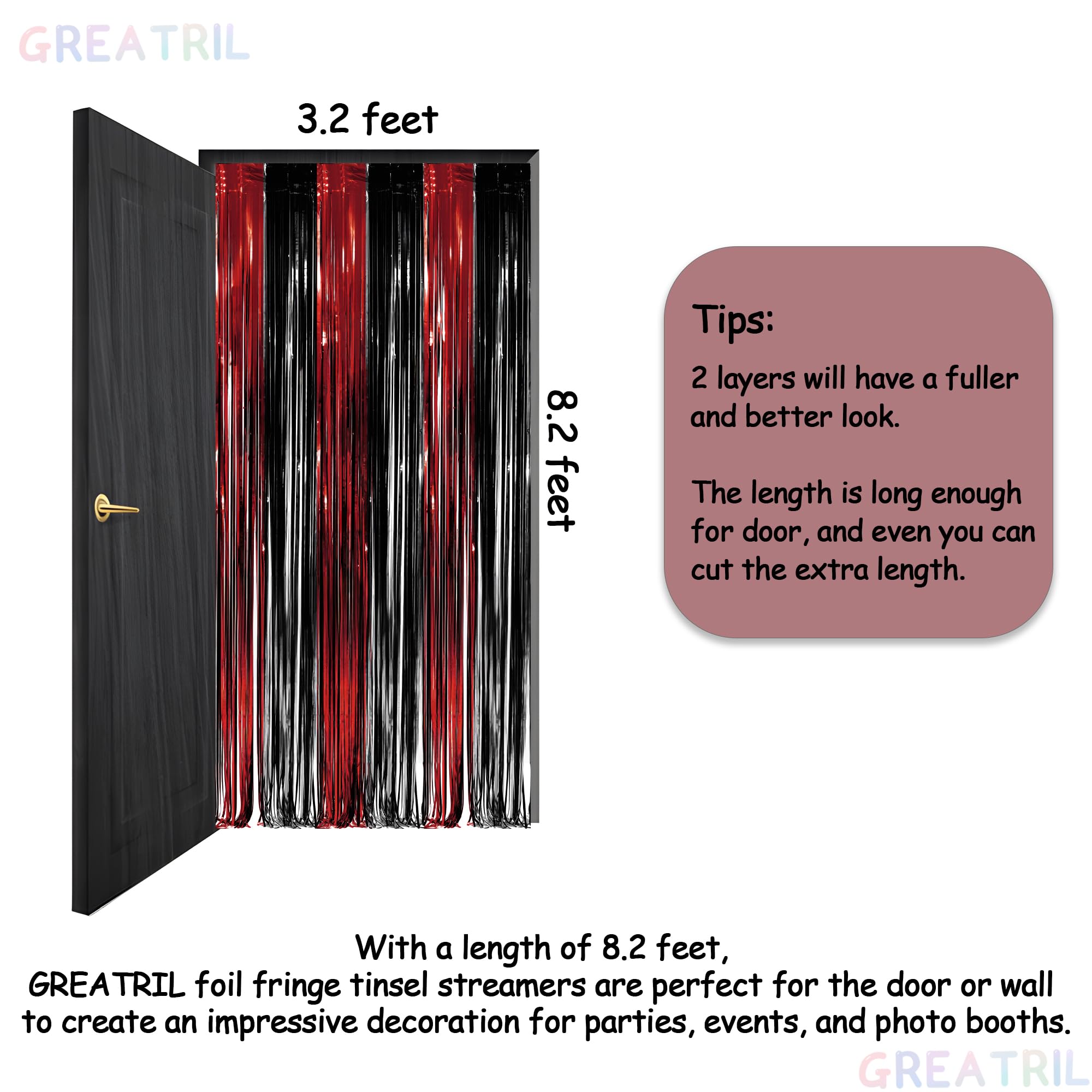 Black Red Party Streamers Backdrop - GREATRIL Foil Fringe Tinsel for Stranger/Friday Party - 3.2ft X 8.2ft - 2 Packs