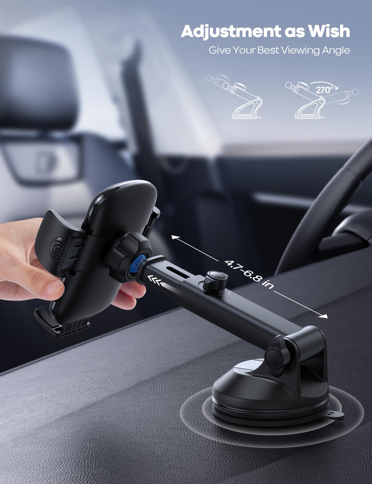 Lamicall Car Phone Holder - [Strongest Military-Grade Suction Cup] Phone Holders for Your Car Quick Release Adjustable Car Phone Mount Holder Dashboard for iPhone Samsung Smartphone Truck