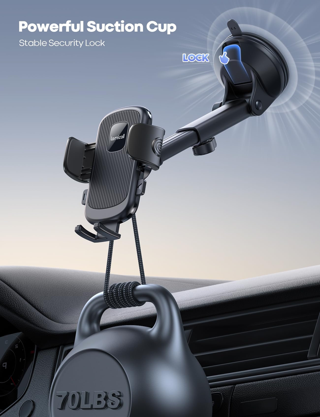 Lamicall Car Phone Holder - [Strongest Military-Grade Suction Cup] Phone Holders for Your Car Quick Release Adjustable Car Phone Mount Holder Dashboard for iPhone Samsung Smartphone Truck