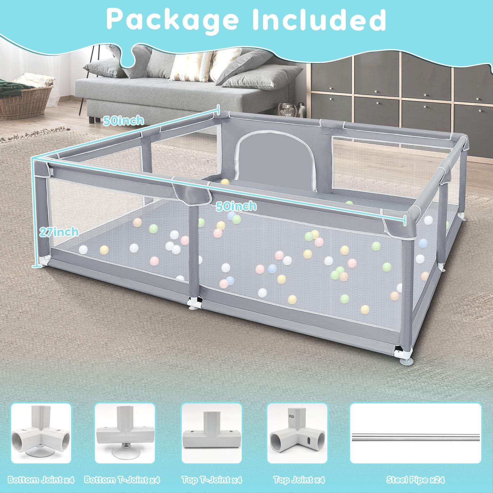 Fshibila Baby Playpen Baby Play Pen 50 x 50 inch, Baby Playard for Babies and Toddlers, Baby Fence Play Pens for Indoor & Outdoor, Sturdy Safety Play Yard with Soft Breathable Mesh, Anti-Fall, Grey