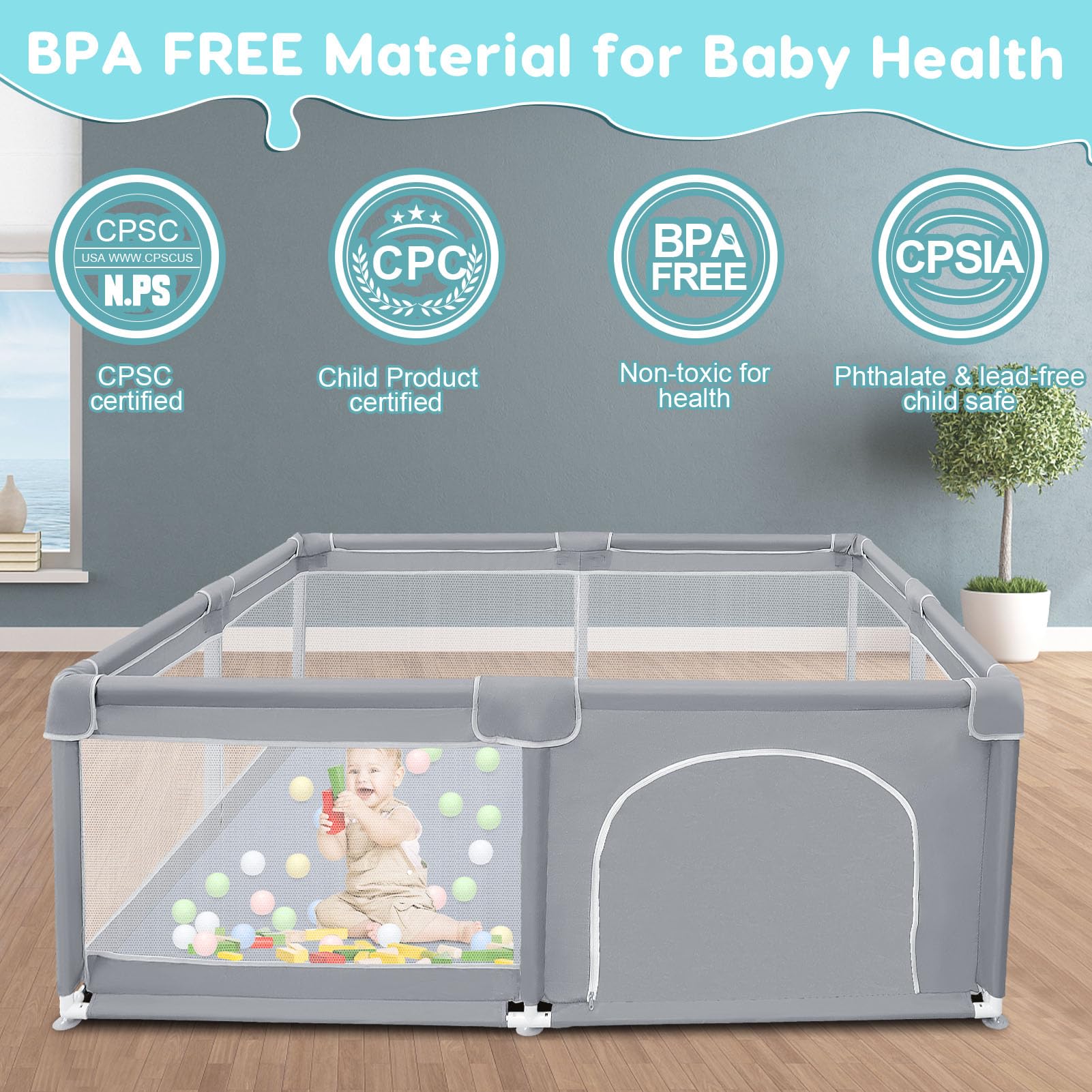 Fshibila Baby Playpen Baby Play Pen 50 x 50 inch, Baby Playard for Babies and Toddlers, Baby Fence Play Pens for Indoor & Outdoor, Sturdy Safety Play Yard with Soft Breathable Mesh, Anti-Fall, Grey