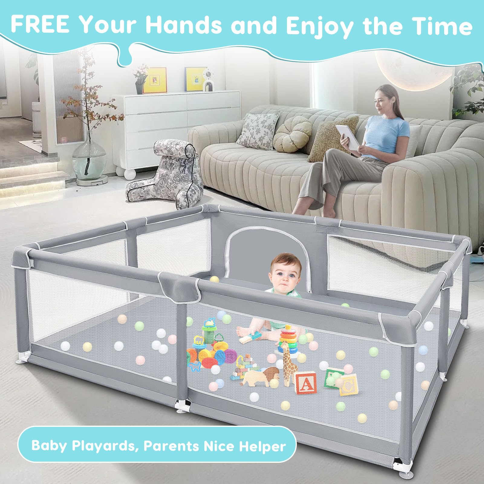 Fshibila Baby Playpen Baby Play Pen 50 x 50 inch, Baby Playard for Babies and Toddlers, Baby Fence Play Pens for Indoor & Outdoor, Sturdy Safety Play Yard with Soft Breathable Mesh, Anti-Fall, Grey