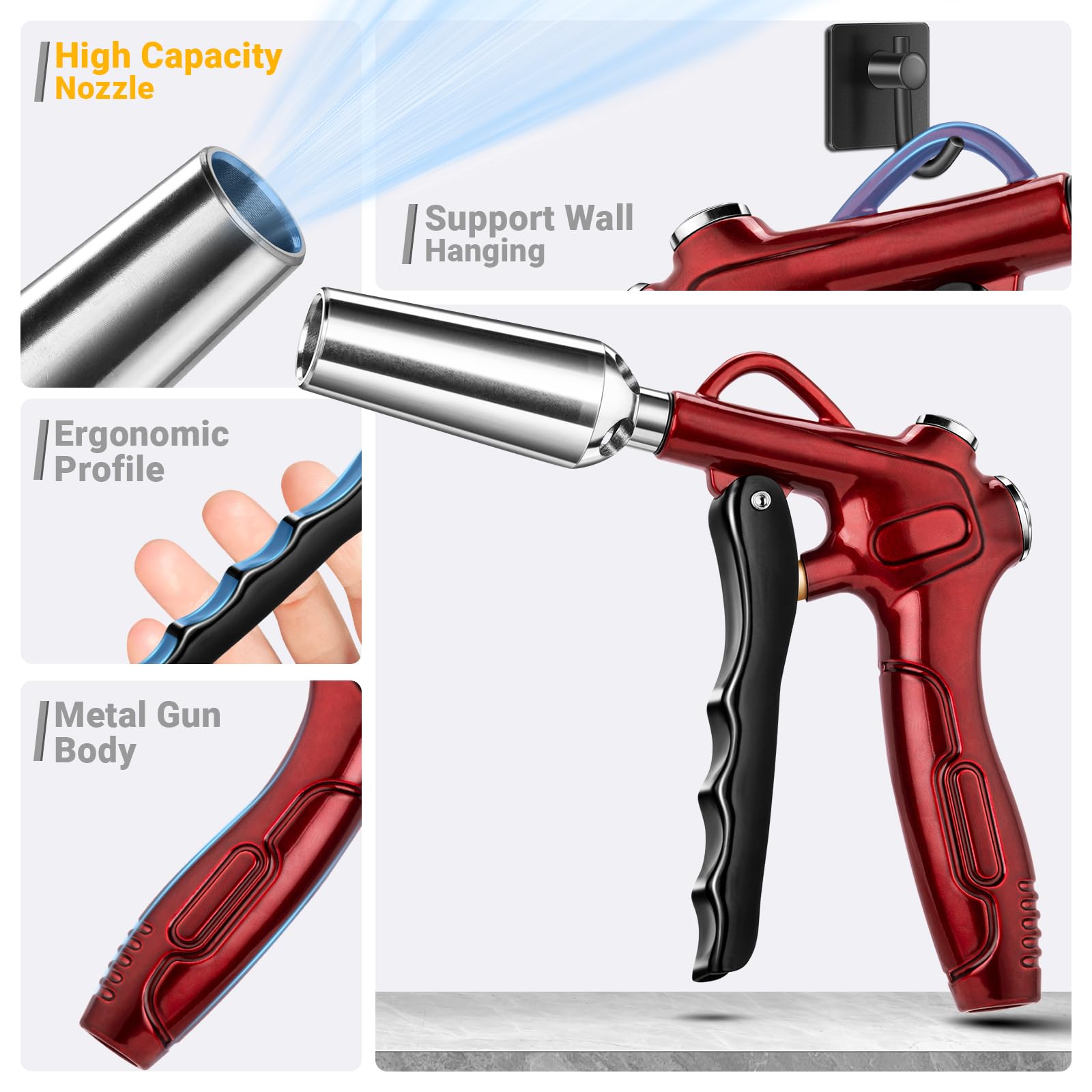 Heavy-Duty Air Blow Gun with Powerful Flow Nozzle, High Volume Air Nozzle Blower Gun with Stainless Steel Extension & 1/4'' Standard Quick Plug, Pneumatic Dust Clean Tool for Air Compressor Accessory