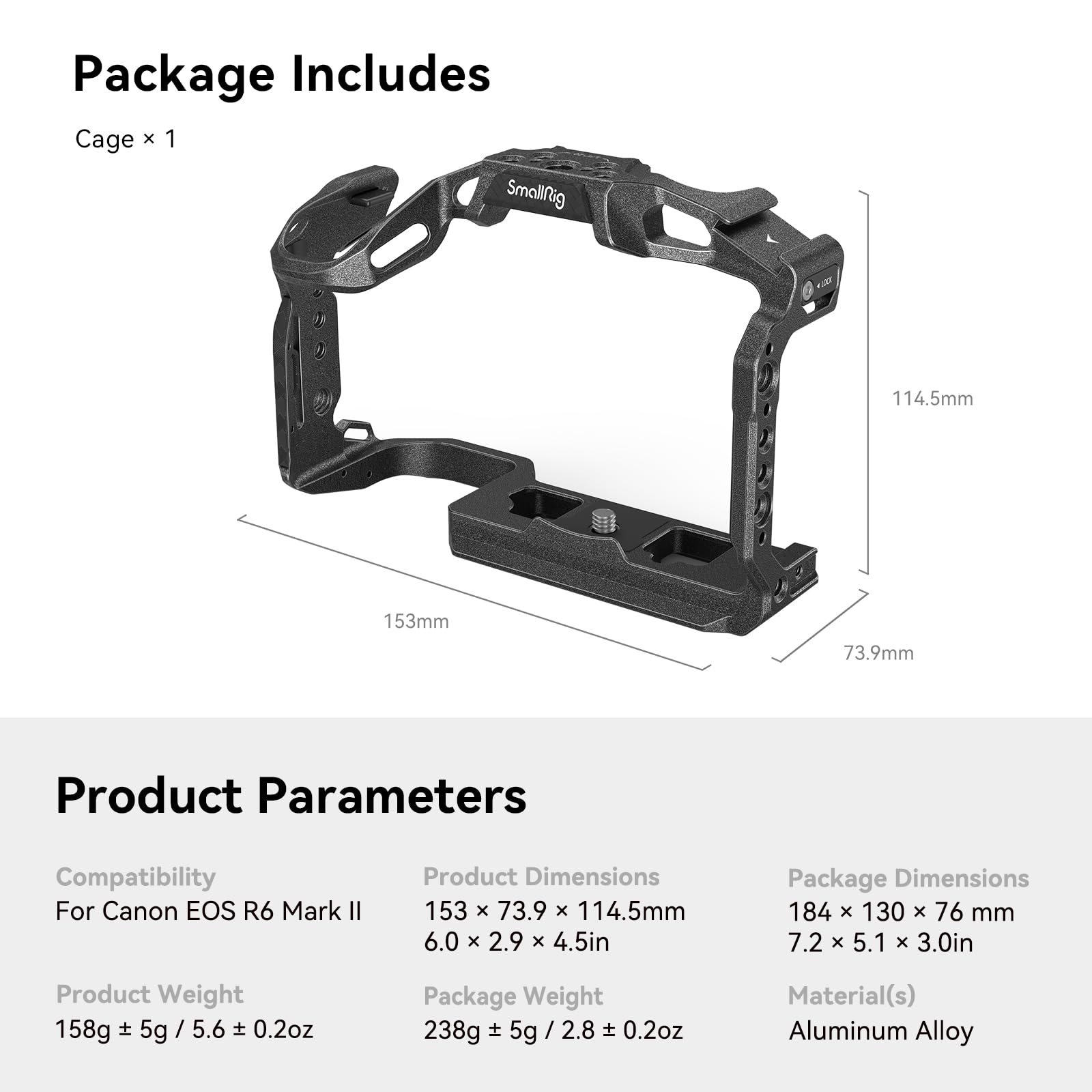 SmallRig“Black Mamba”Camera Cage for Canon EOS R6 Mark II, Built-in Quick Release Plate for Arca-Type, Film Movie Making Camera Video Cage with Shoe Mount, 1/4''-20 & 3/8''-16 Threaded Holes - 4161