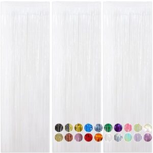 rubfac 3pcs 3.3x8.2 feet white fringe backdrop curtains,tinsel streamers birthday party decorations,fringe backdrop for birthday girl princess bachelorette party decor