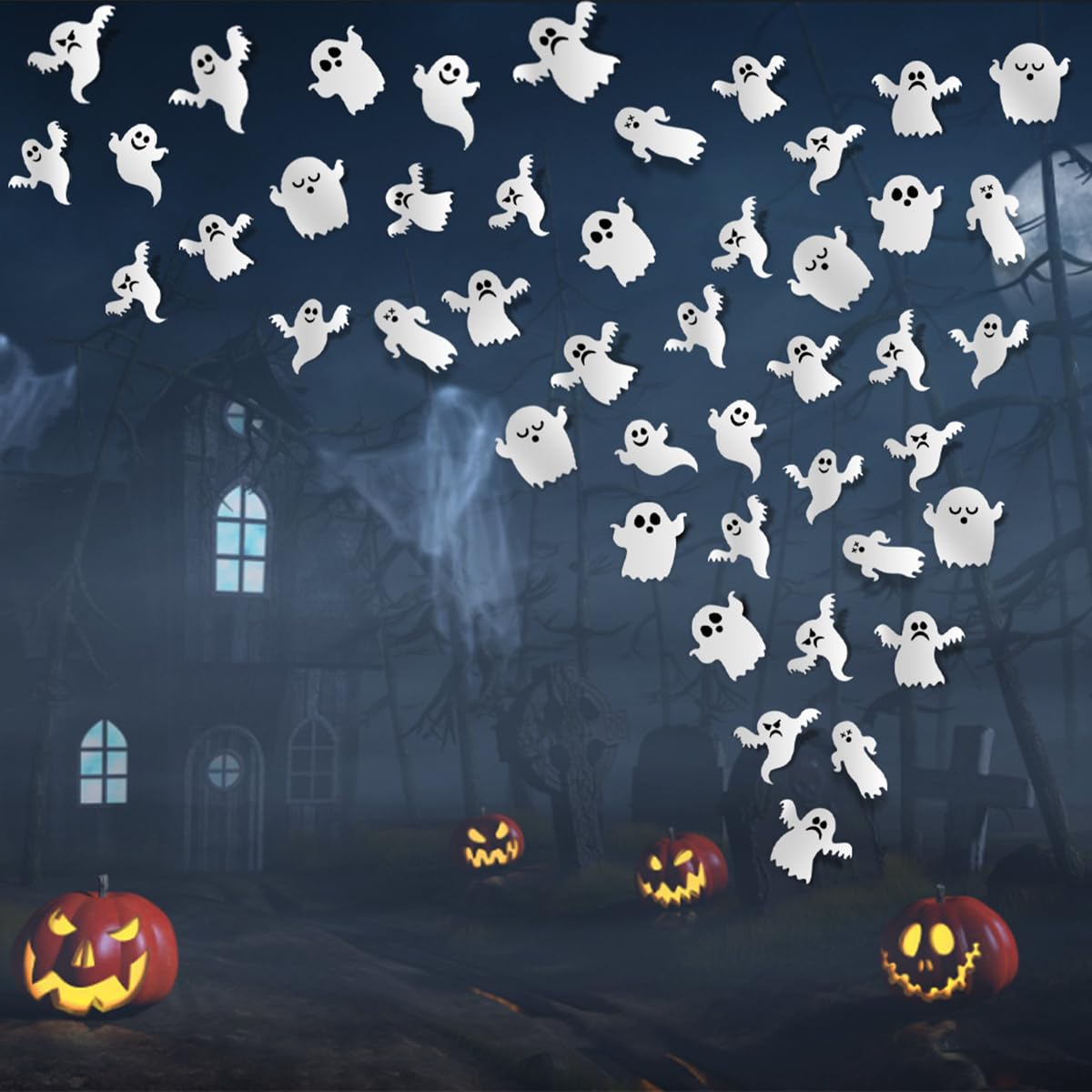 3D Halloween Cute Ghost Stickers Decor 42 Pcs Ghost Wall Halloween Decorations Reusable Self-Adhesive White Ghost Wall Decals Halloween Party Supplies for Gothic Home Window Door Wall Room Decor