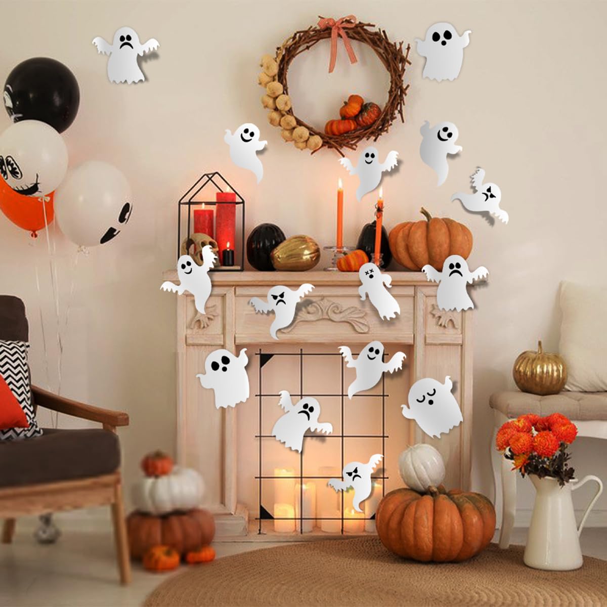 3D Halloween Cute Ghost Stickers Decor 42 Pcs Ghost Wall Halloween Decorations Reusable Self-Adhesive White Ghost Wall Decals Halloween Party Supplies for Gothic Home Window Door Wall Room Decor