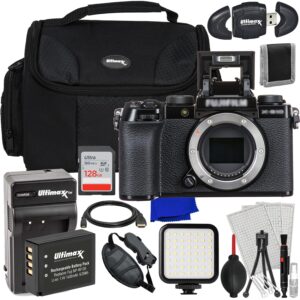 ultimaxx essential fujifilm x-s10 mirrorless camera bundle (black - body only) - includes: 128gb ultra memory card, 1x replacement battery, ultra-bright led light kit w/bracket & more (22pc bundle)