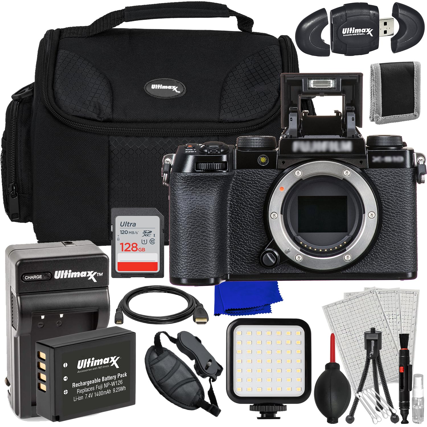 Ultimaxx Essential FUJIFILM X-S10 Mirrorless Camera Bundle (Black - Body Only) - Includes: 128GB Ultra Memory Card, 1x Replacement Battery, Ultra-Bright LED Light Kit w/Bracket & More (22pc Bundle)