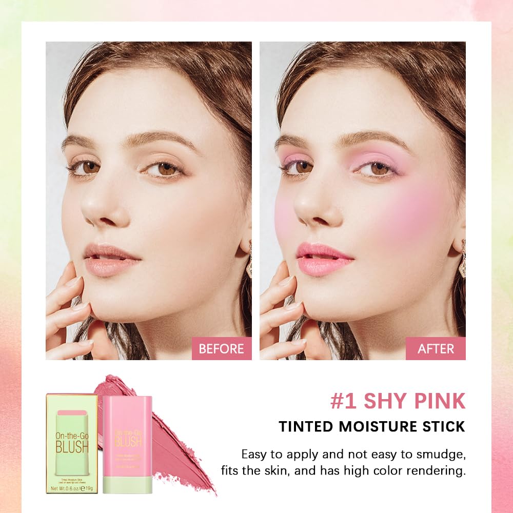 Paminify Soft Creamy Blush Stick,On-the-Go Blush,2-in-1 Cheek and Lip Tint,Waterproof Hydrating Solid Natural Moisture Smooth Blendable Matte Finish Face Blush Makeup,01 shy pink