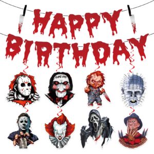 horror birthday decorations，horror movie halloween decorations includes 1pc happy birthday banner and 8pcs horror movie party decorations hanging swirls, horror movie birthday decorations for