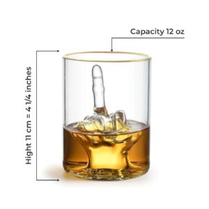 RUGLUSH Middle Finger Funny Whiskey Glass – Premium Up Yours Funny Glass for Whiskey, Liquor – Luxurious Gold Rim – Home Bar Accessories Ideal for Man Cave, Fun Gag Gift Patent-Pending