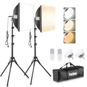 torjim softbox photography lighting kit, 16'' x 16'' professional softbox lighting kit with 85w 3000-7500k led bulbs, studio lights for photography/video recording/live streaming/portraits shooting